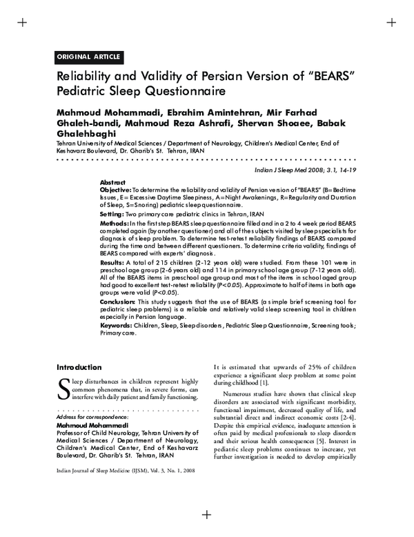 (PDF) Reliability and Validity of Persian Version of “BEARS” Pediatric ...