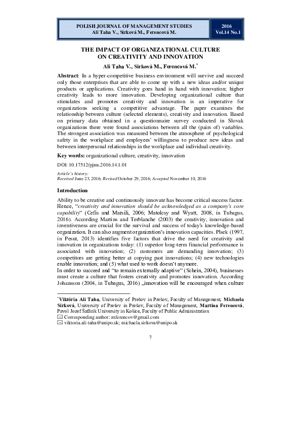 (PDF) The Impact of Organizational Culture on Creativity and Innovation