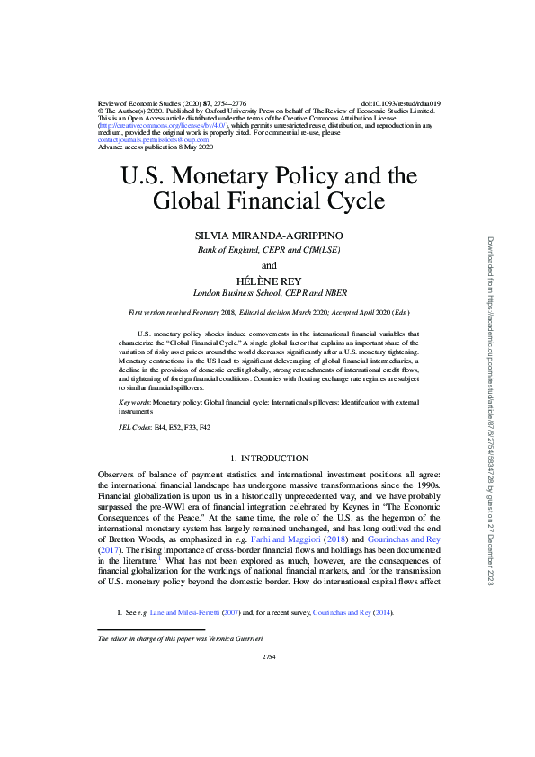 (PDF) U.S. Monetary Policy and the Global Financial Cycle