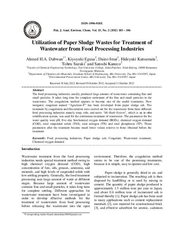(PDF) Utilization of Paper Sludge Wastes for Treatment of Wastewater ...