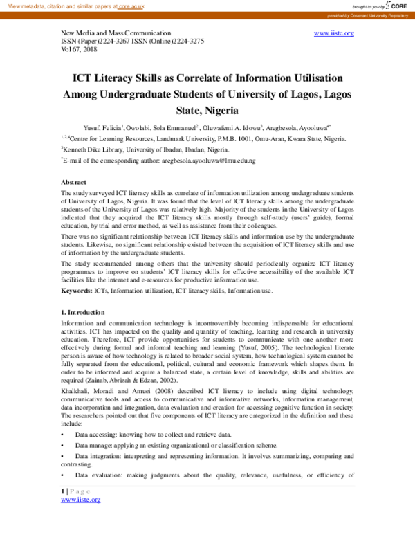 (PDF) ICT Literacy Skills as Correlate of Information Utilisation Among ...