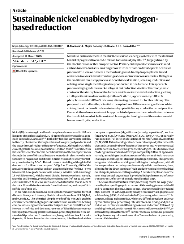 (PDF) Nature April 2025 Sustainable nickel enabled by hydrogen based ...