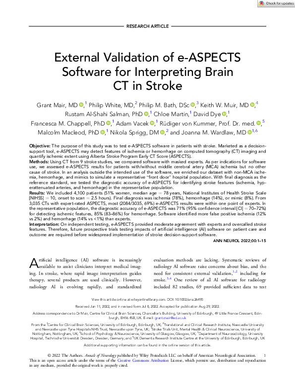 (PDF) External Validation of e‐ASPECTS Software for Interpreting Brain ...