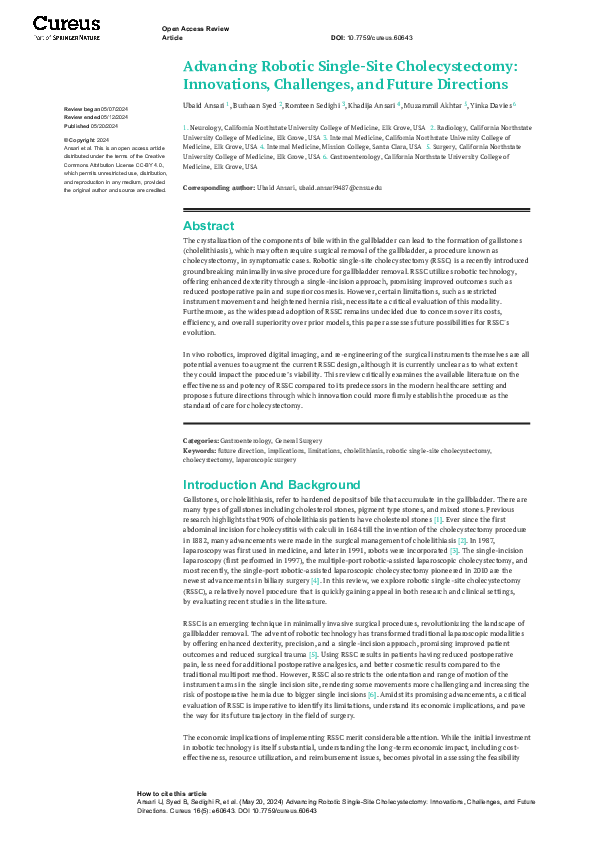 (PDF) Advancing Robotic Single-Site Cholecystectomy: Innovations ...