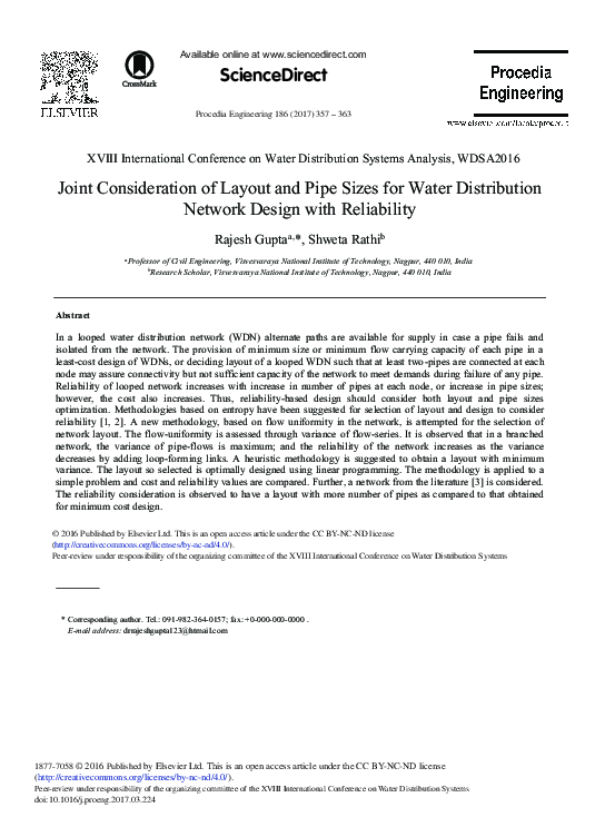 (PDF) Joint Consideration of Layout and Pipe Sizes for Water Distribution Network Design with ...
