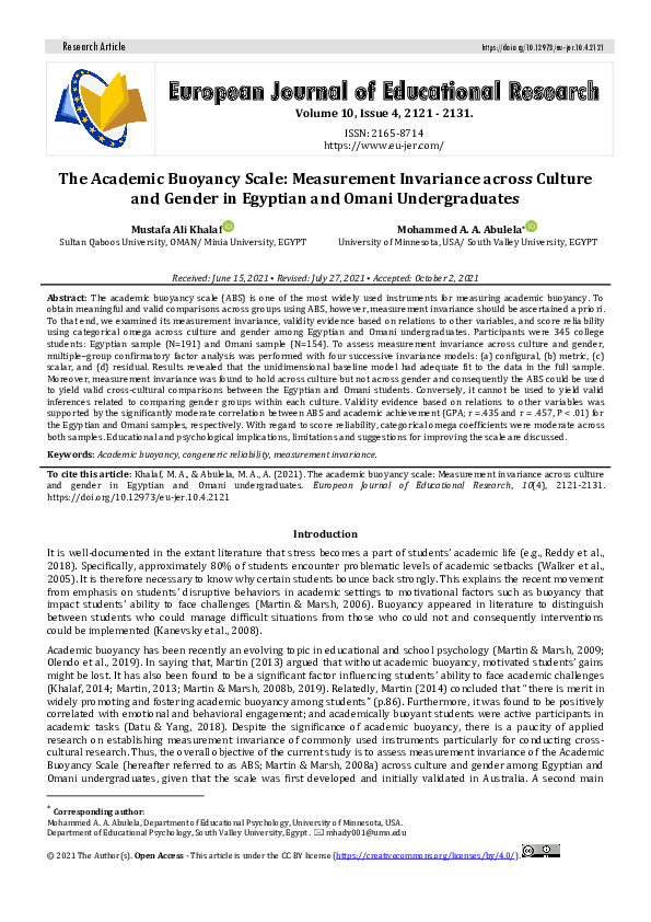 (PDF) The Academic Buoyancy Scale: Measurement Invariance across ...