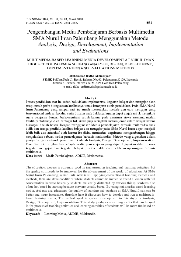 (PDF) Pengembangan Media Pembelajaran Berbasis Multimedia SMA Nurul Iman Palembang Menggunakan ...