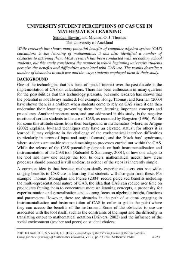(PDF) University student perceptions of CAS use in mathematics learning