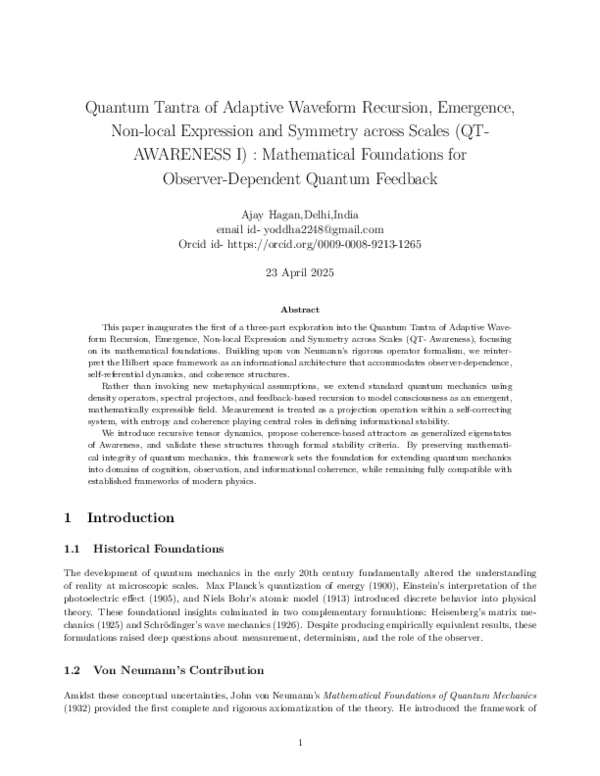 (PDF) QT-AWARENESS- I : Mathematical Foundations for Observer-Dependent ...