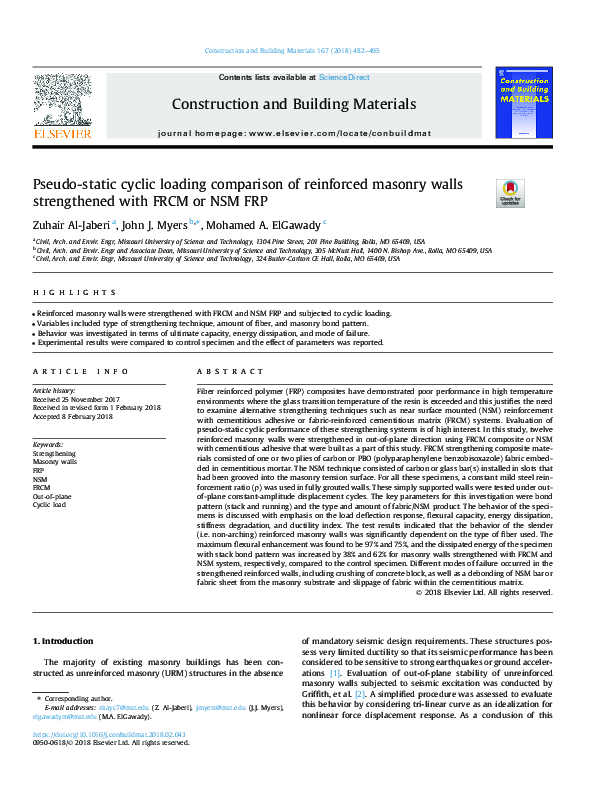 (PDF) Pseudo-static cyclic loading comparison of reinforced masonry walls strengthened with FRCM ...