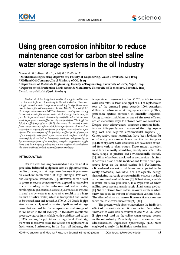(PDF) Using green corrosion inhibitor to reduce maintenance cost for carbon steel saline water ...