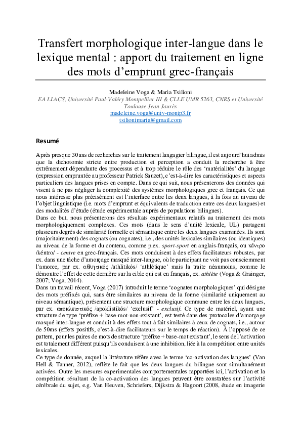 (PDF) Transfert morphologique inter-langue dans le lexique mental ...