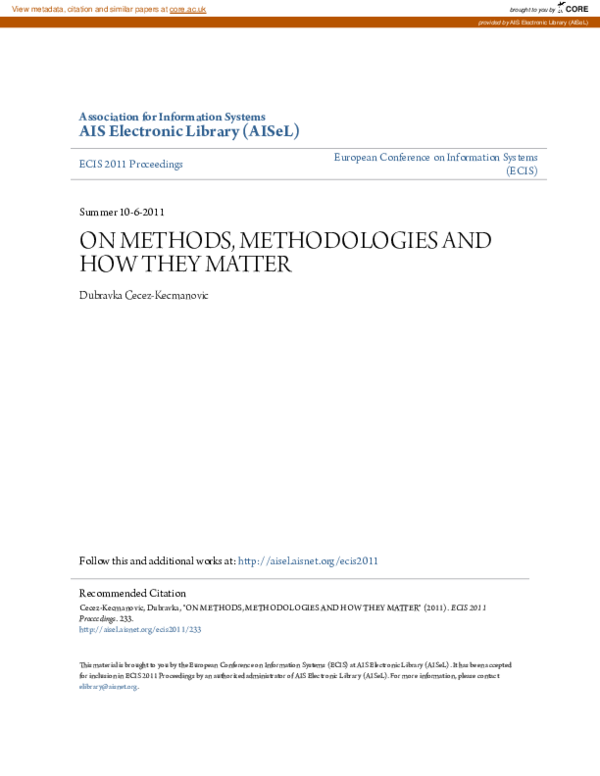 (PDF) On Methods, Methodologies and How They Matter