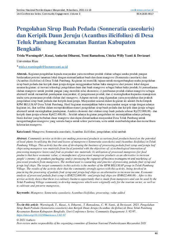 (PDF) Pengolahan Sirup Buah Pedada (Sonneratia caseolaris) dan Keripik ...
