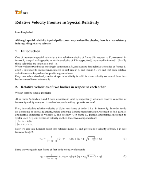 (PDF) Relative Velocity commutativity Premise in Special Relativity and ...