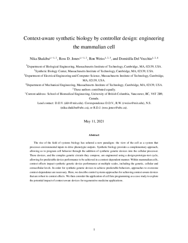 (PDF) Context-aware synthetic biology by controller design: Engineering the mammalian cell