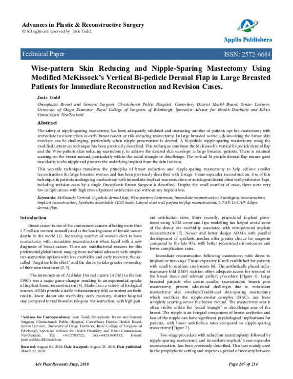 (PDF) Wise-pattern Skin Reducing and Nipple-Sparing Mastectomy Using ...