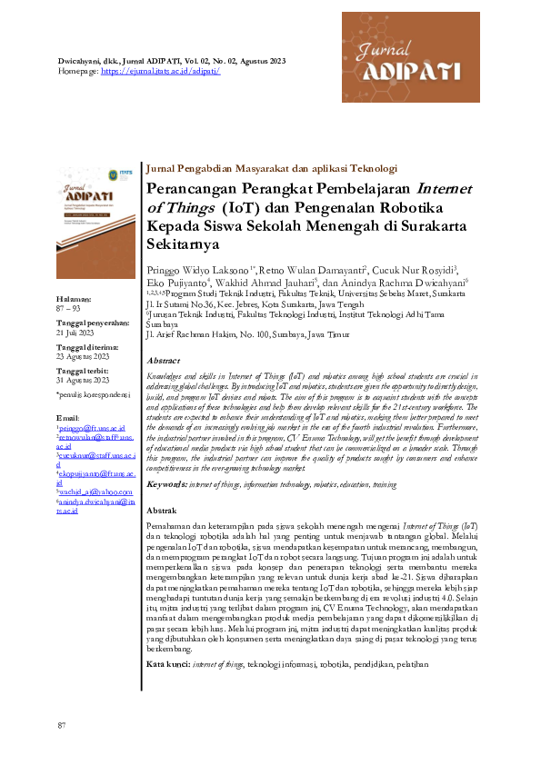 (PDF) Perancangan Perangkat Pembelajaran Internet of Things (IoT) dan Pengenalan Robotika Kepada ...