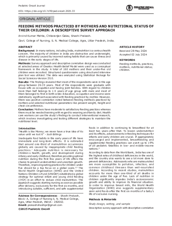 (PDF) FEEDING METHODS PRACTICED BY MOTHERS AND NUTRITIONAL STATUS OF ...