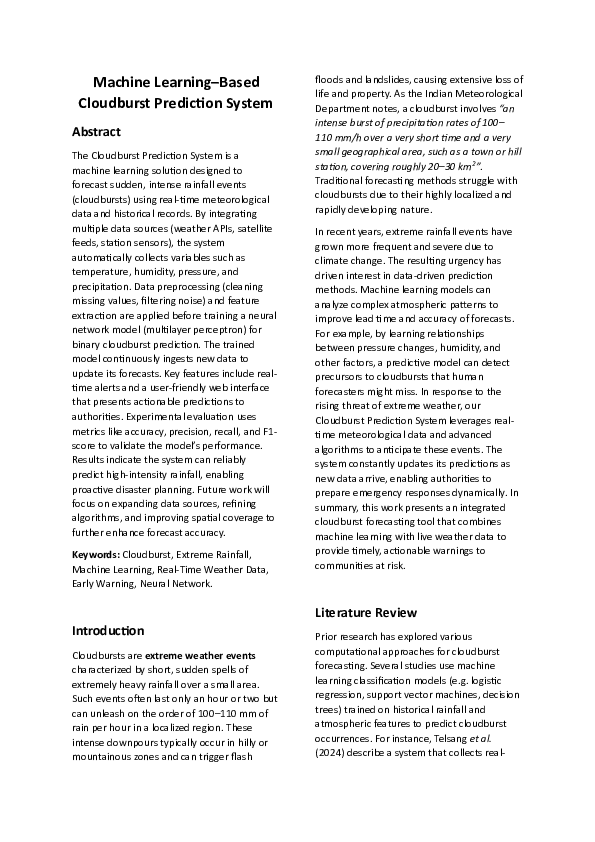 (PDF) Machine Learning-Based Cloudburst Prediction System