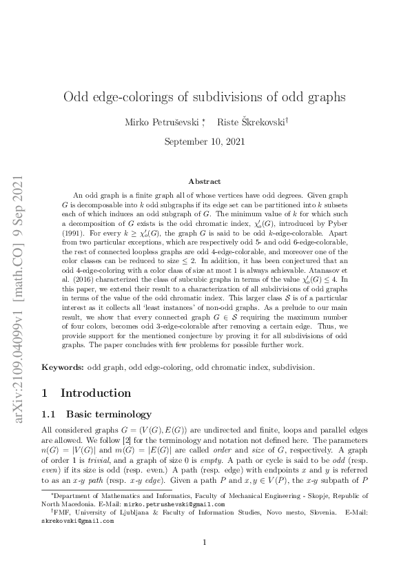 Pdf Odd Edge‐colorings Of Subdivisions Of Odd Graphs