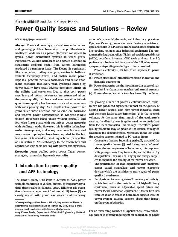 (PDF) Power Quality Issues and Solutions – Review