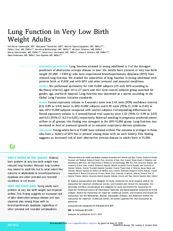 (PDF) Lung Function in Very Low Birth Weight Adults