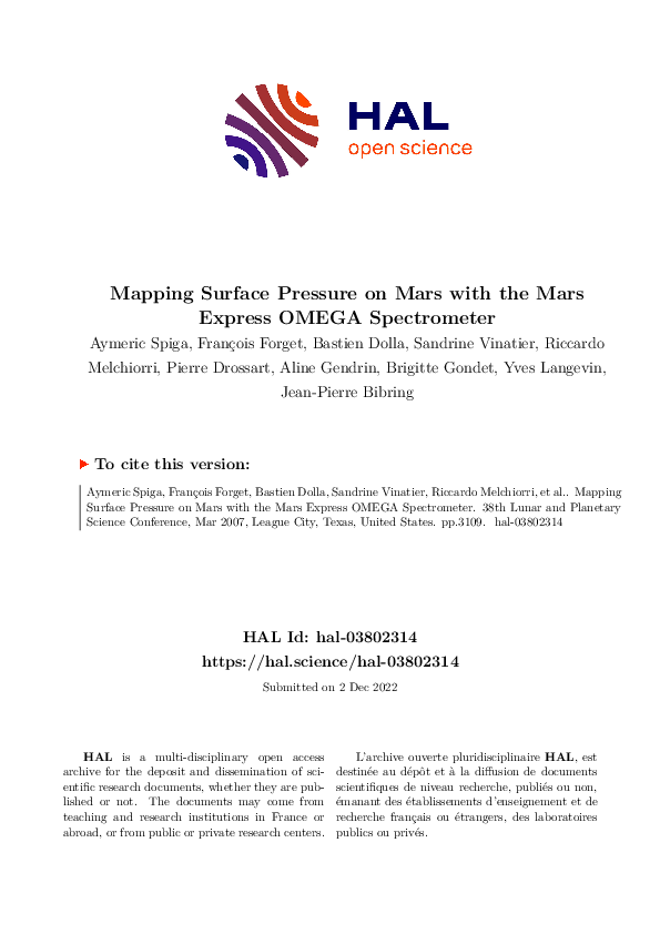 (PDF) Mapping Surface Pressure on Mars with the Mars Express OMEGA ...