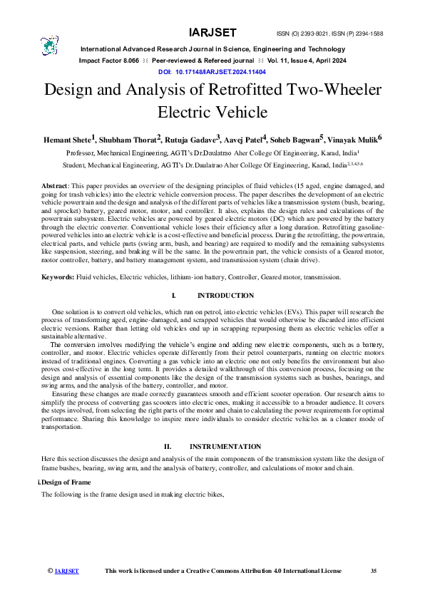 (PDF) Design and Analysis of Retrofitted Two-Wheeler Electric Vehicle