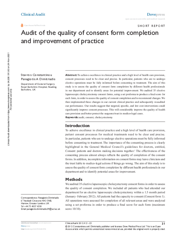 (PDF) Audit of the quality of consent form completion and improvement of practice