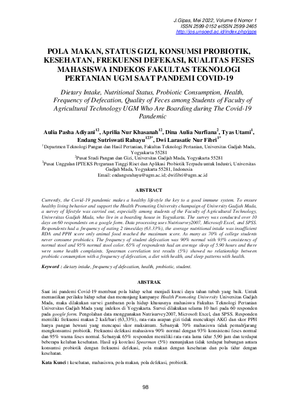 (PDF) Pola Makan, Status Gizi, Konsumsi Probiotik, Kesehatan, Frekuensi ...