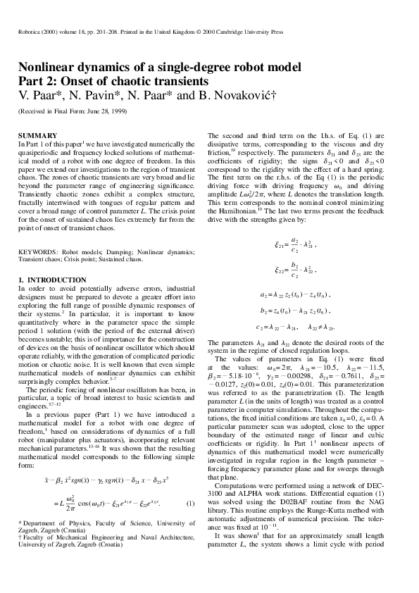 (PDF) Nonlinear dynamics of a single-degree robot model Part 2: Onset ...