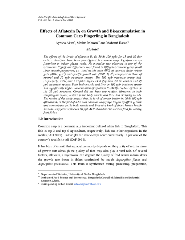 (PDF) Effects of Aflatoxin B1 on Growth and Bioaccumulation in Common ...