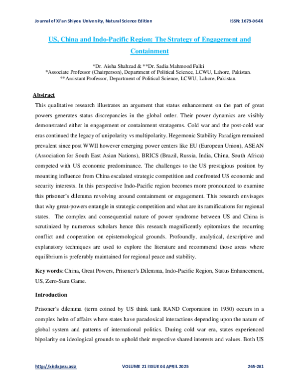 (PDF) US, China and Indo-Pacific Region: The Strategy of Engagement and ...