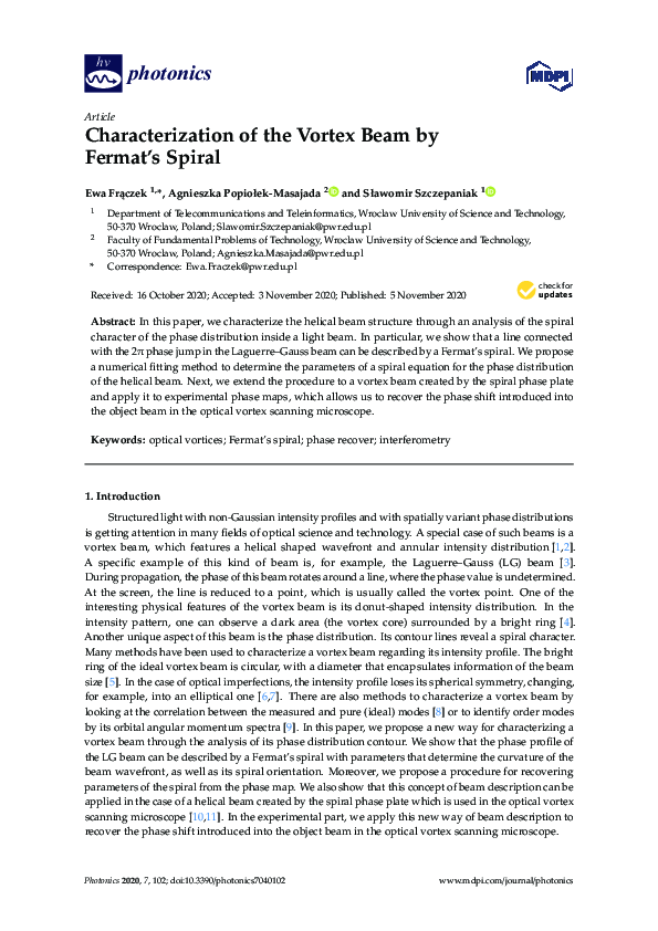 (PDF) Characterization of the Vortex Beam by Fermat’s Spiral