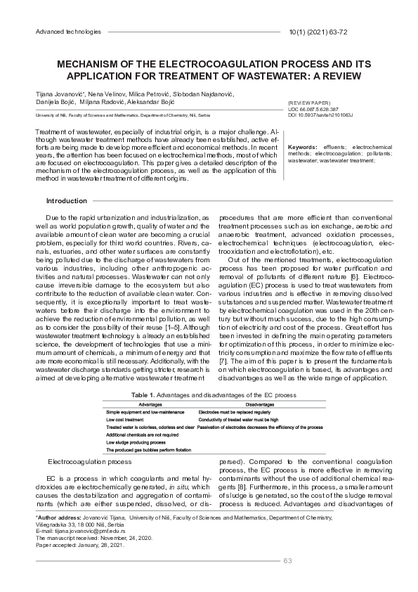 (PDF) Mechanism of the electrocoagulation process and its application ...
