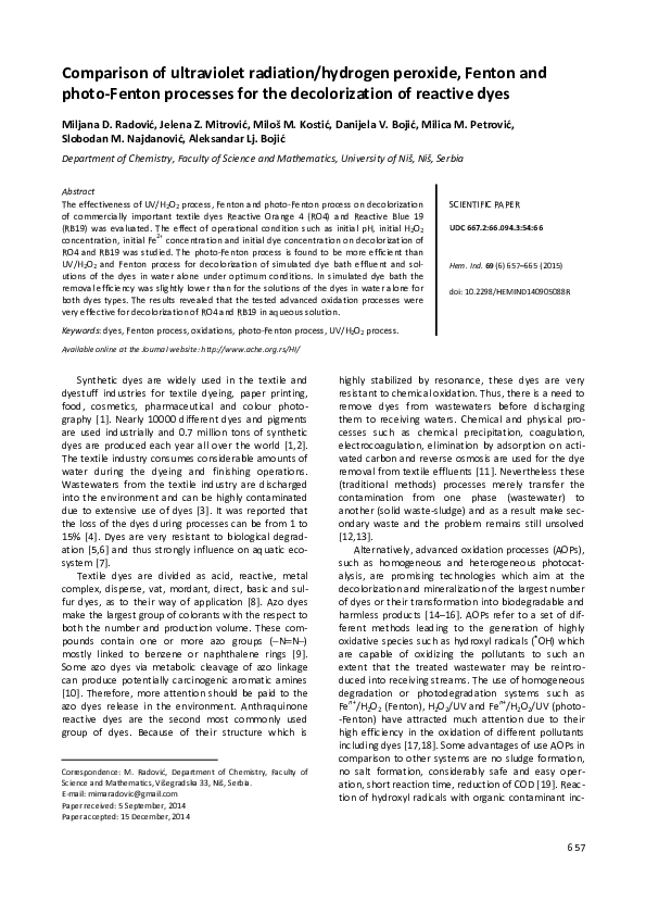 (PDF) Comparison of ultraviolet radiation/hydrogen peroxide, Fenton and ...