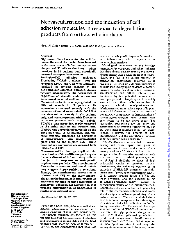 (PDF) Adhesion Molecules Inresponsetodegradation Products Fromorthopaedic Implants