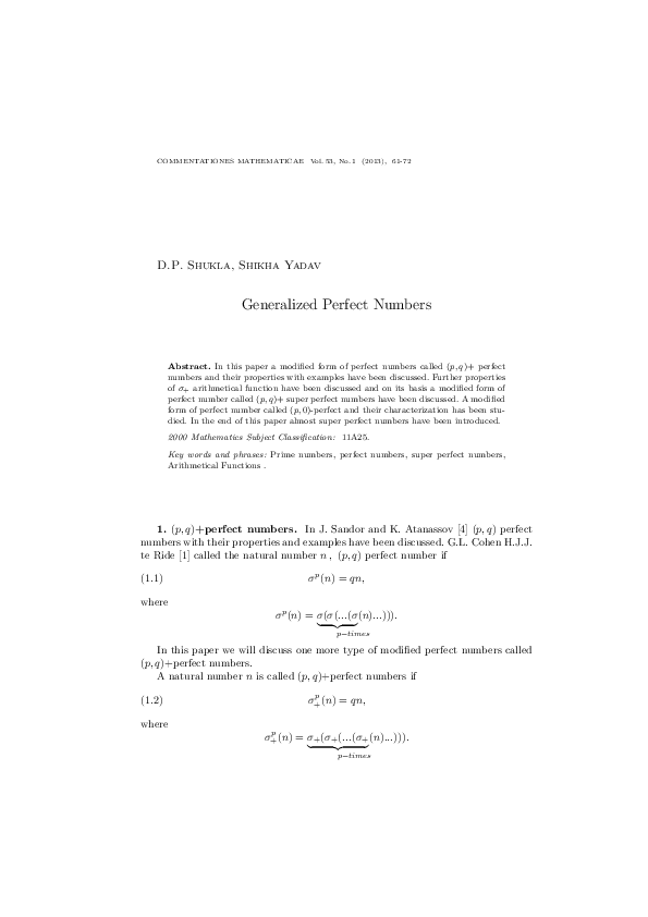 (PDF) Generalized Perfect Numbers