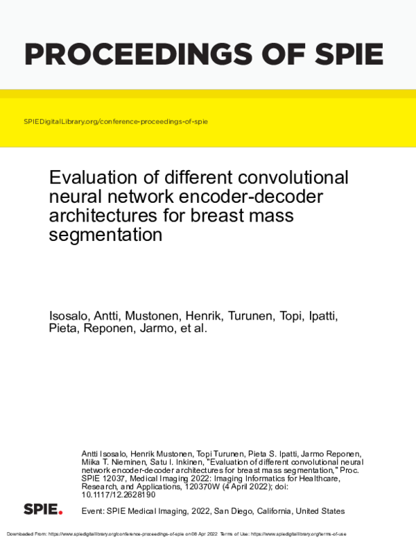 Pdf Evaluation Of Different Convolutional Neural Network Encoder Decoder Architectures For