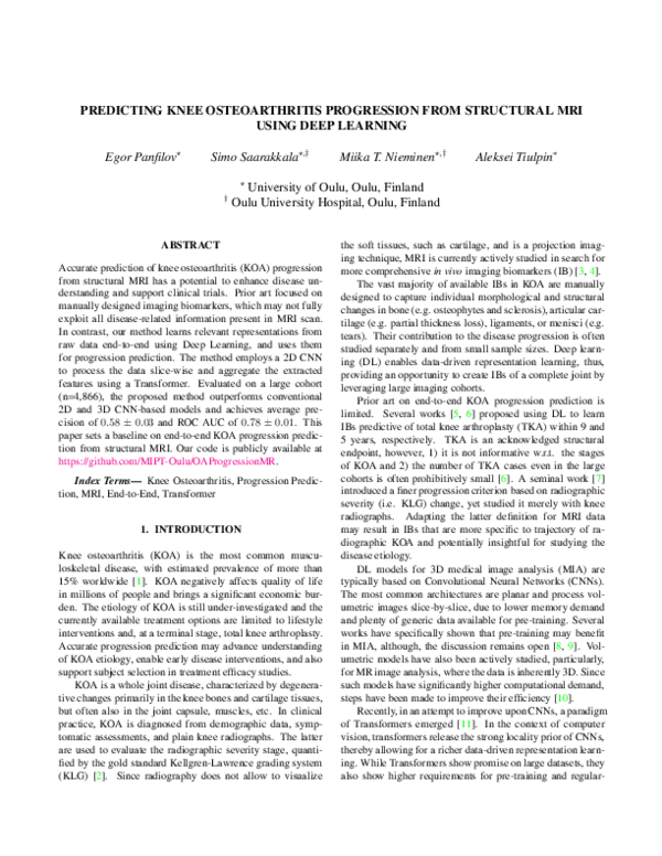 Pdf Predicting Knee Osteoarthritis Progression From Structural Mri