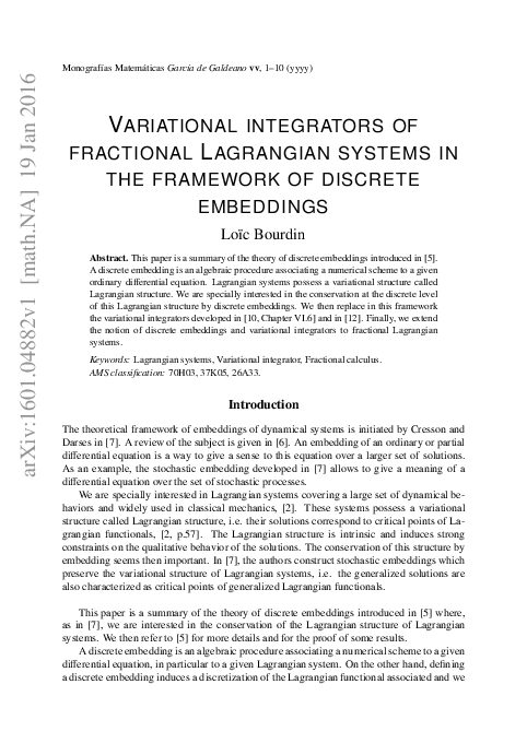 (PDF) Variational integrators of fractional Lagrangian systems in the framework of discrete ...
