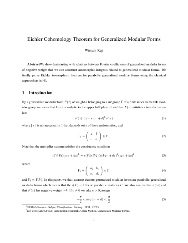 (PDF) Eichler Cohomology Theorem for Generalized Modular Forms