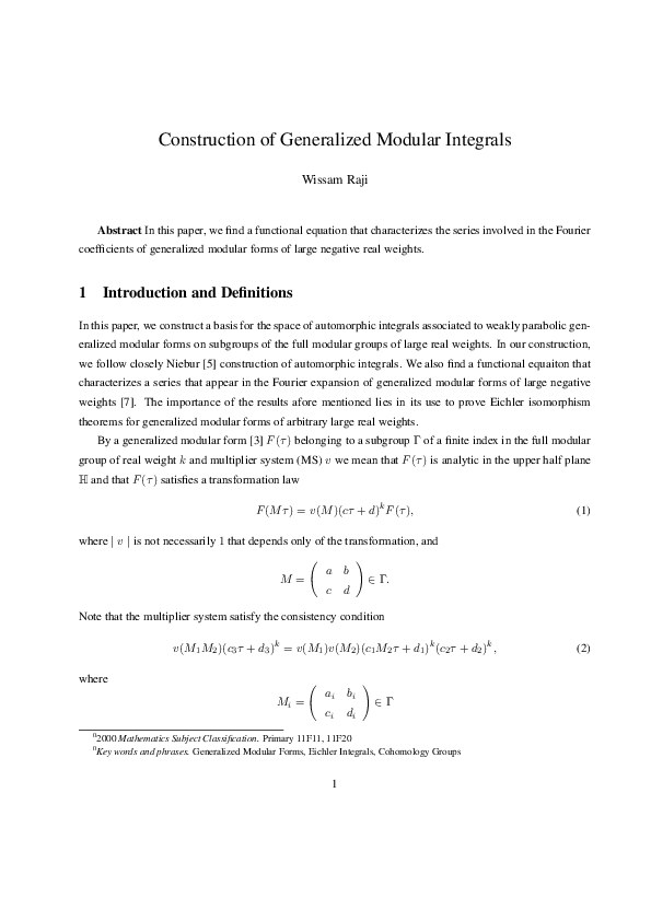 (PDF) Construction of generalized modular integrals