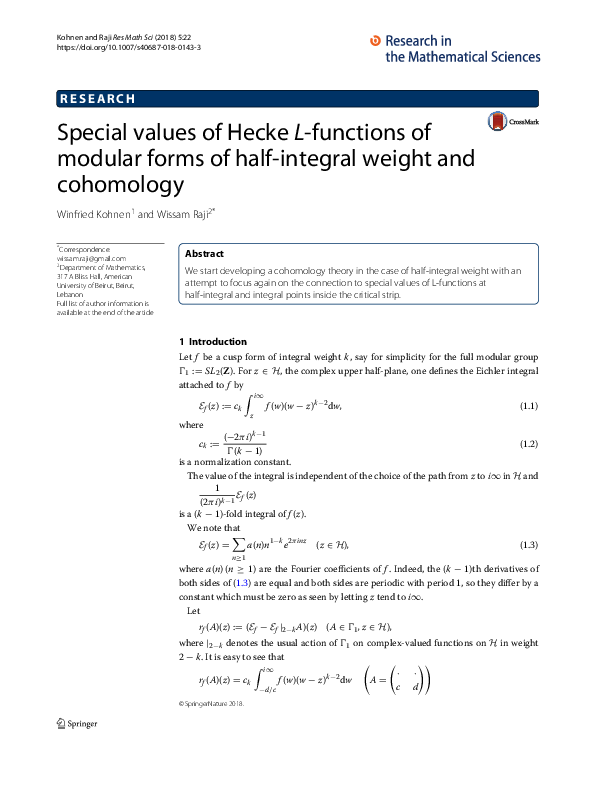 (PDF) Special values of Hecke L-functions of modular forms of half ...
