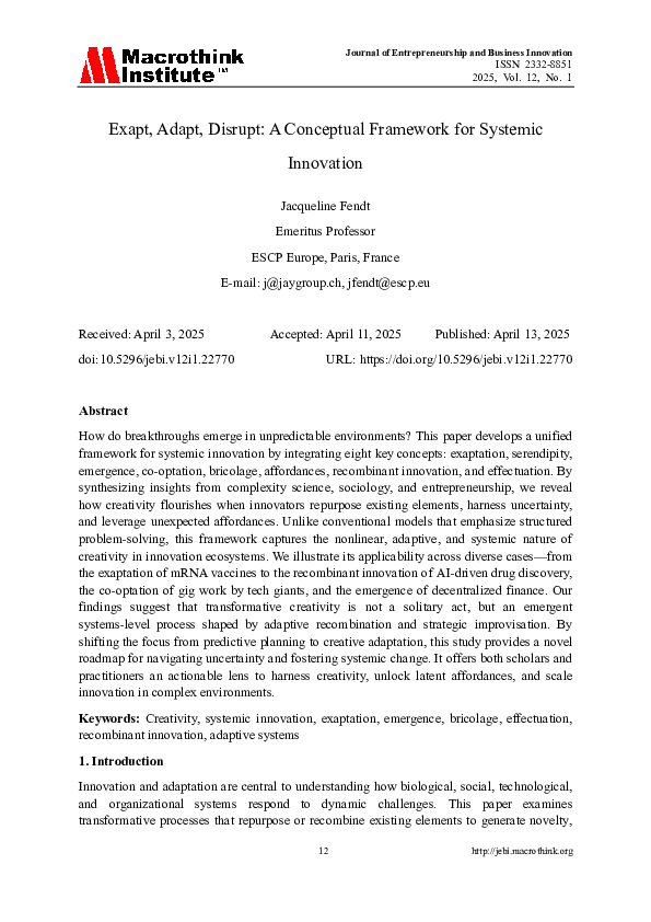 (PDF) Exapt, Adapt, Disrupt: A Conceptual Framework for Systemic Innovation