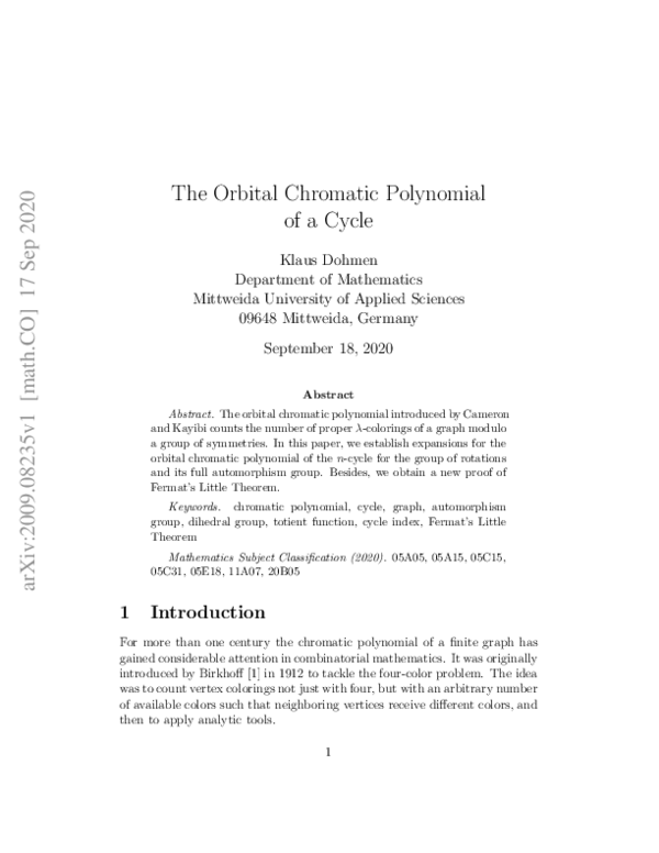 (PDF) The Orbital Chromatic Polynomial of a Cycle