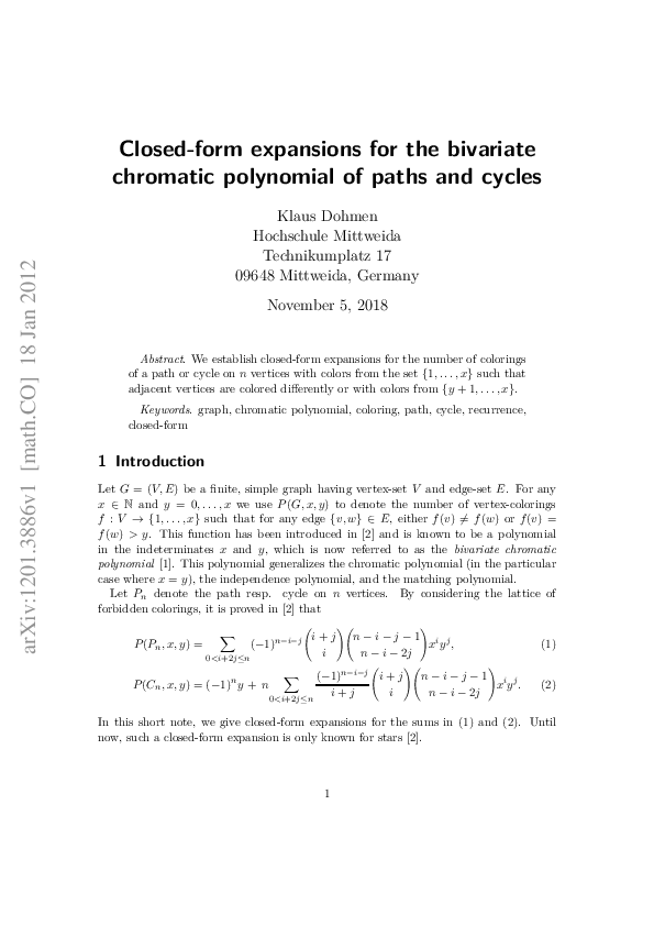 (PDF) Closed-form expansions for the bivariate chromatic polynomial of paths and cycles
