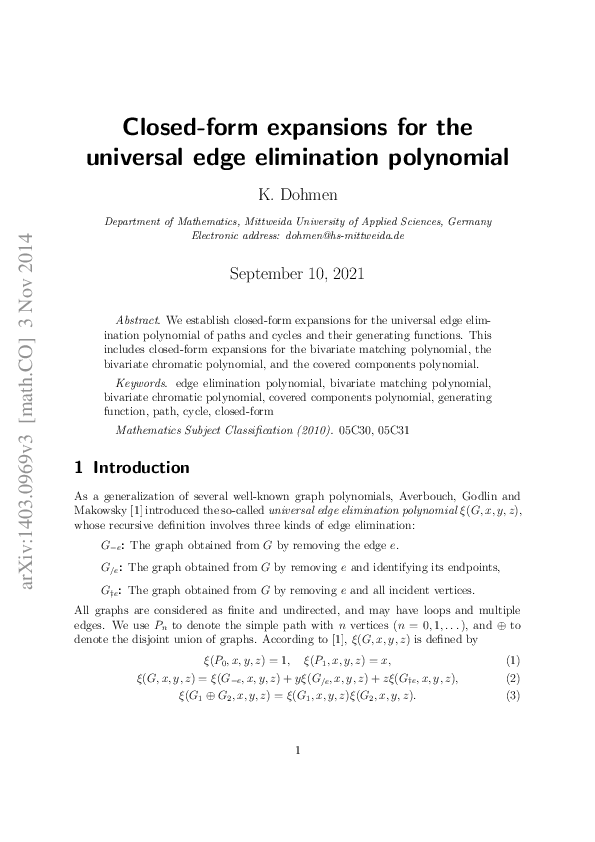 (PDF) Closed-form expansions for the universal edge elimination polynomial
