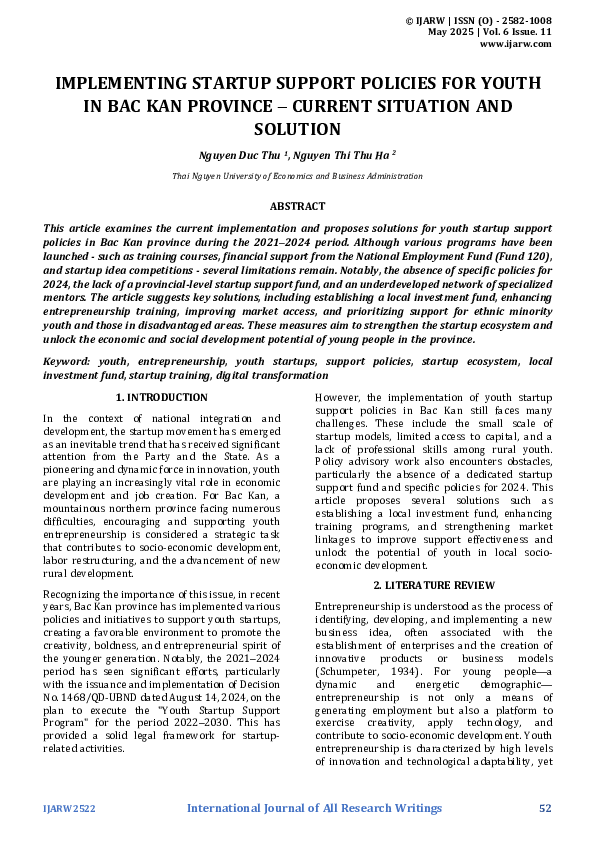 (PDF) IMPLEMENTING STARTUP SUPPORT POLICIES FOR YOUTH IN BAC KAN PROVINCE -CURRENT SITUATION AND ...